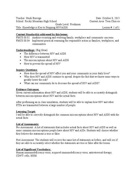 Hiv Aids Lesson Plan Pdf Hivaids Management Of Hivaids