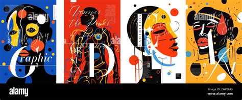 Artistic Poster Set Abstract Person Portrait In Simple Graphic Color