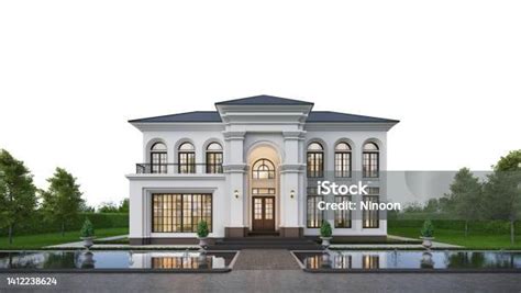 흰색 배경에 연못과 풍경이있는 고전적인 집 외관3d 렌더링 맨션에 대한 스톡 사진 및 기타 이미지 맨션 호화로움 별장 Istock