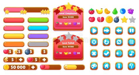 game ui buttons mobile application or game interface elements cartoon colorful design stock