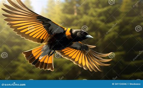 Baltimore Oriole Icterus Galbula Sitting On The Green Moss Branch