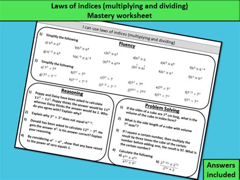 Laws Of Indices Multiplying And Dividing Mastery Worksheet
