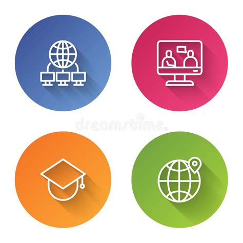 Set Line Computer Network Online Education Graduation Cap Globe And