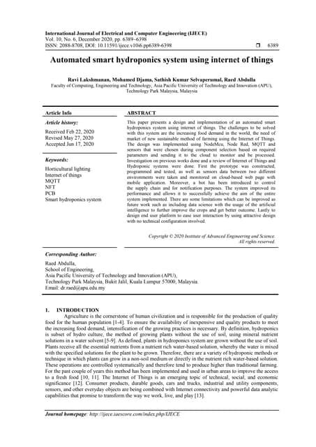 Automated Smart Hydroponics System Using Internet Of Things Pdf