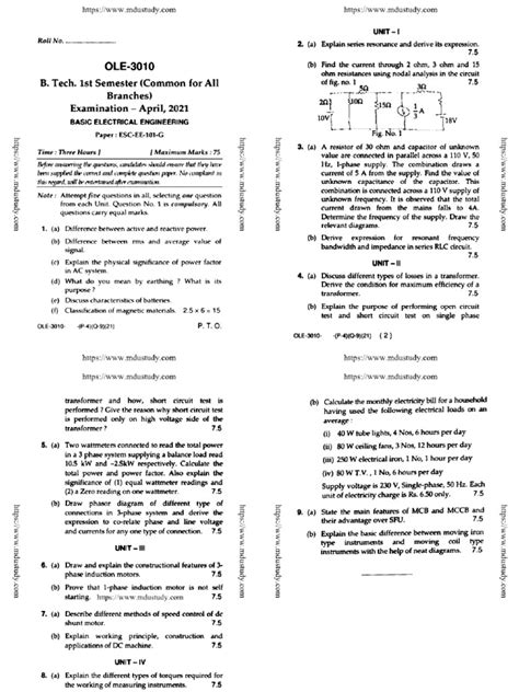 Btech 1 Sem Basic Electrical Engineering Ole 3010 Apr 2021 Pdf