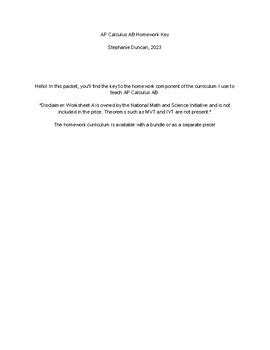 AP Calculus AB Homework Curriculum Key By Stephanie Duncan TPT