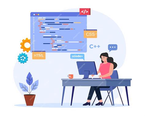 Premium Vector Young Woman Working On The Computer Programmer Or Developer Create Code