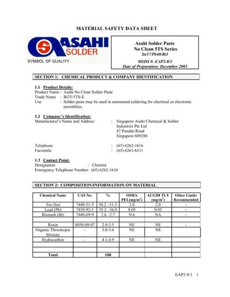 Material Safety Data Sheet Asahi Solder Paste No Clean
