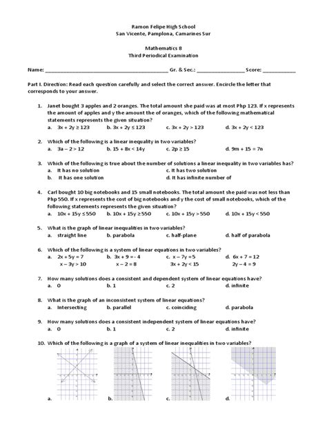 Math 8 3rd Grading Exam Pdf System Of Linear Equations Algebra