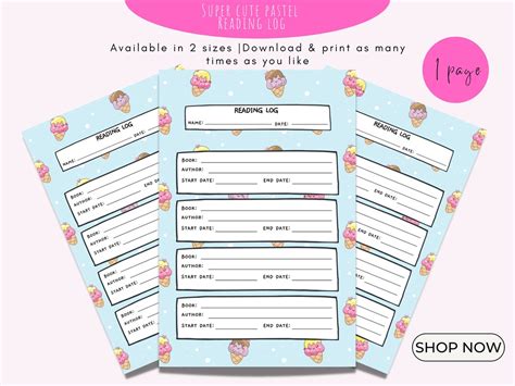 Printable 2023 Reading Log Kawaii Blue Etsy