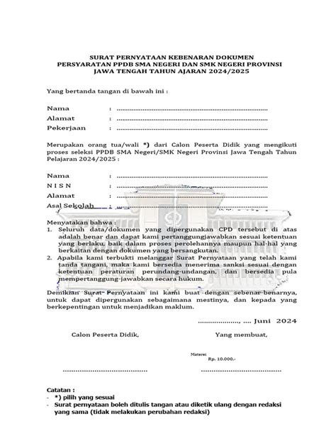 Surat Pernyataan Kebenaran Dokumen Persyaratan Ppdb Sma Negeri Dan Pdf