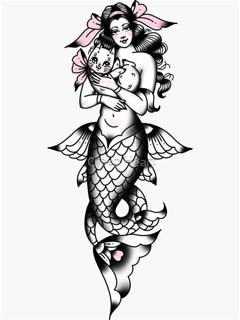 Mermaid And Cat Love Vintage Style Traditional Flash Tattoo Sticker