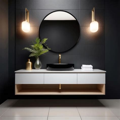 Premium Photo Black Wall Hung Vanity With White Round Vessel Sink