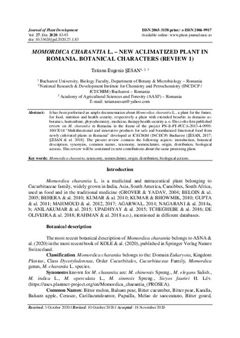 Pdf Momordica Charantia L New Aclimatized Plant In Romania