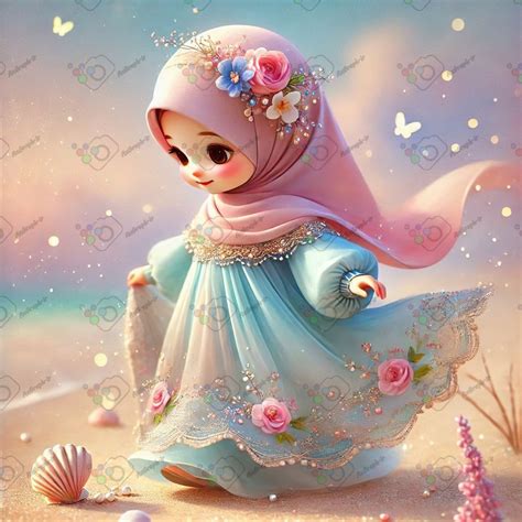 بک گراند کودکانه دختر کوچولوی ناز با حجاب در حال قدم زدن در ساحل کنار صدف ها کد 43694 ویژه عکس