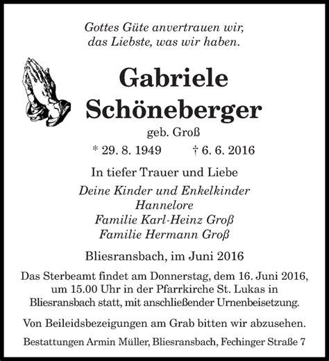 Traueranzeigen von Gabriele Schöneberger Saarbruecker Zeitung Trauer de