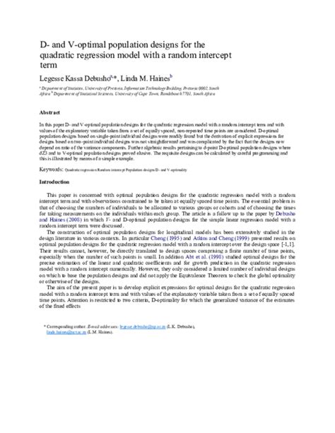 pdf d and v optimal population designs for the quadratic regression