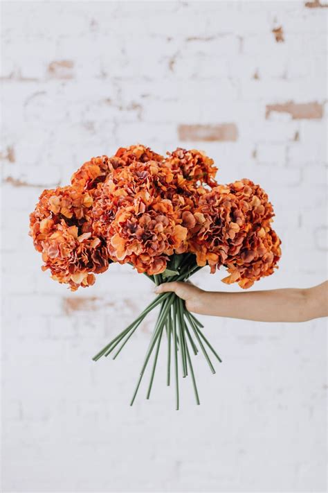 Orange Rust Artificial Hydrangea Realistic Dried Look 54cm Single Stem