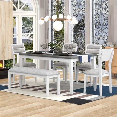 6 Piece Dining Table Set With Bench Wooden Kitchen Table And Chairs