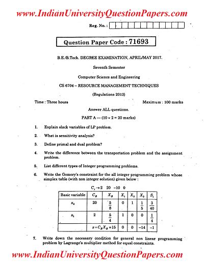 Cs6704 Resource Management Techniques April May 2017 Question Paper University Question Papers