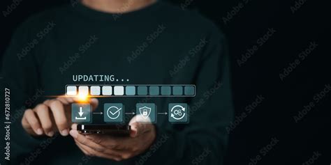 User Use Smartphone With Updating Progress Bar On Virtual Screen For