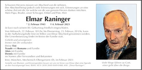 Traueranzeige Von Elmar Raninger Vom 04022023 Tiroler Tageszeitung
