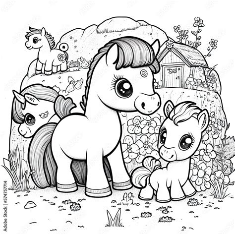 A Black And White Colouring Page Ponies Cartoon Cute Generative