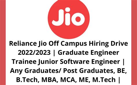 Reliance Jio Off Campus Hiring Drive 2022 2023 Graduate Engineer Trainee Junior Software