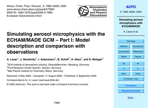 Pdf Simulating Aerosol Microphysics With The Echam Made Gcm Part I Model Description And
