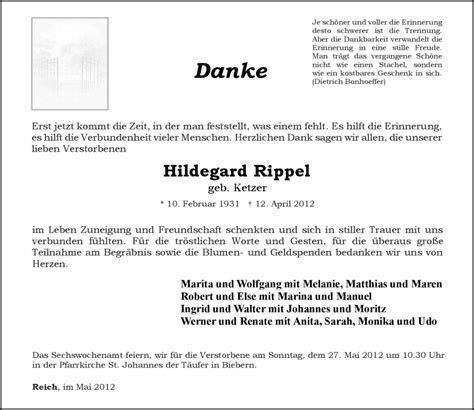 Traueranzeigen Von Hildegard Rippel Rz Trauer De