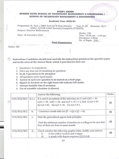 Discrete Mathematics 2nd Year Sem Iii Year 2022 23 Final Exam