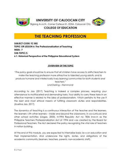 The Teaching Profession Module 6 Pdf Philippines