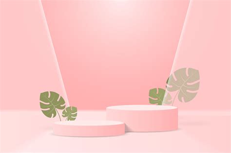 핑크 파스텔 색상의 미니멀 씬 현실적인 3d 분홍색 실린더 연단 받침대는 열대 야자수 잎과 유리 모양을 통해 빛나는 빛이