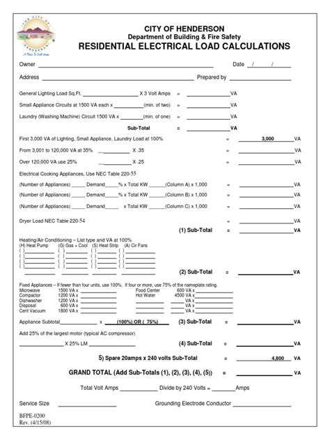 Nec Residential Load Calculation Worksheet