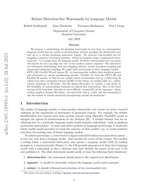 PDF Robust Distortion Free Watermarks For Language Models