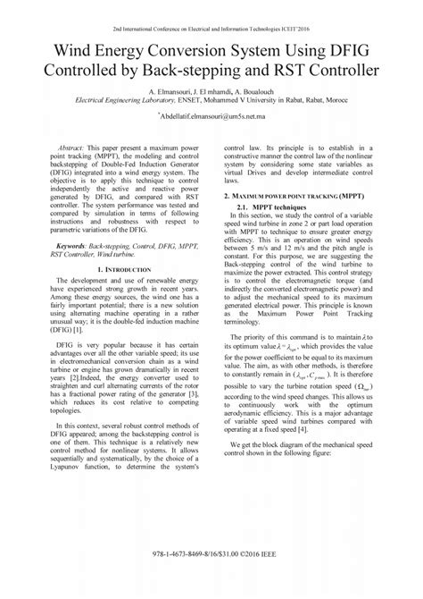 Pdf Wind Energy Conversion System Using Dfig Controlled By Back Stepping And Rst Controller