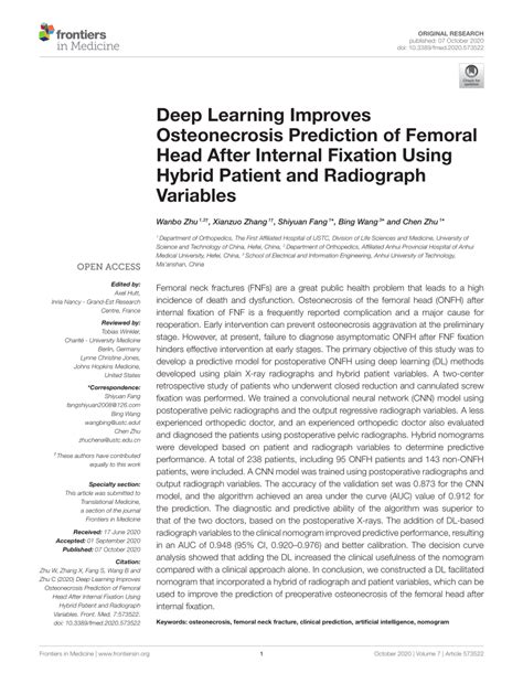 Pdf Deep Learning Improves Osteonecrosis Prediction Of Femoral Head After Internal Fixation