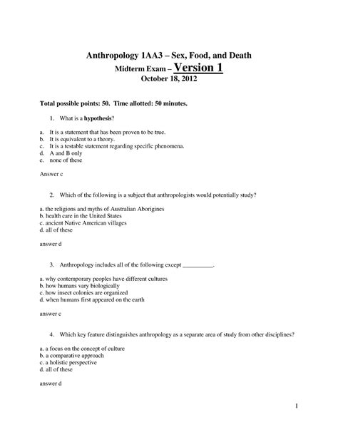 midterm 1 answer key yeues anthropology 1aa3 sex food and death midterm exam version 1