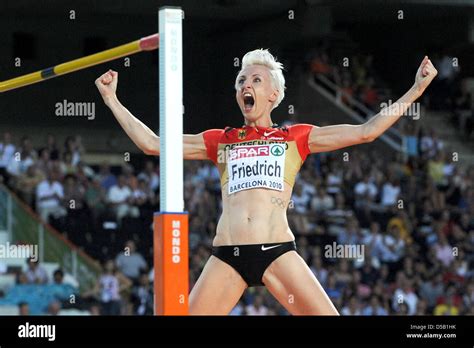 German High Jumper Ariane Friedrich Leaps Up In Joy After Winning The