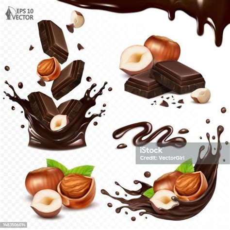 다크 초콜릿 조각과 헤이즐넛 칩이 초콜릿 스플래시에 떨어집니다 껍질을 벗기고 껍질을 벗긴 사실적인 헤이즐넛 세트 액체 초콜릿 소스 3d 벡터 음식 그림 갈색에 대한 스톡