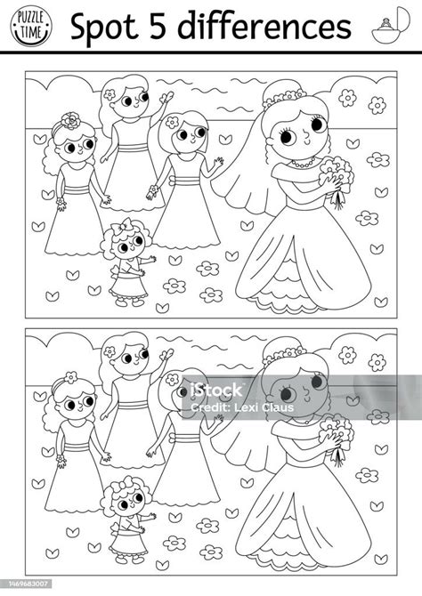 아이들을위한 차이점 찾기 게임 귀여운 유부녀와 함께하는 결혼식 흑백 활동 신부가 신부 들러리에게 꽃다발을 던지는 아이들을 위한 결혼 색칠 공부 페이지 인쇄 가능한 워크시트