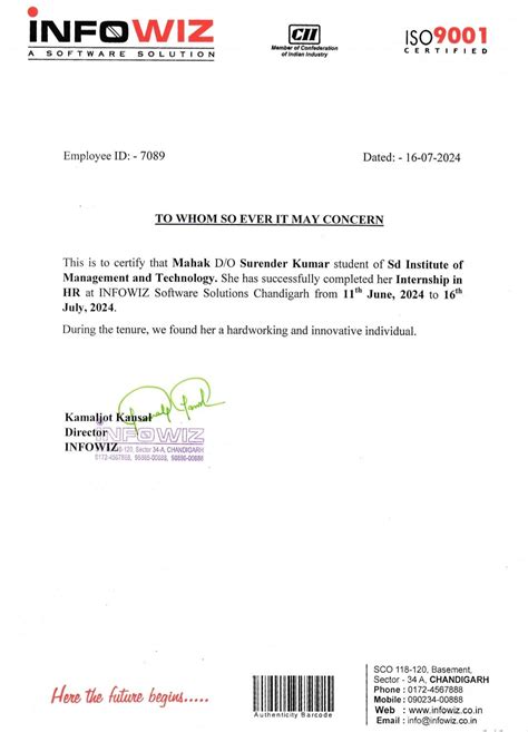 Mehak Saini On Linkedin Thrilled To Have Completed My Internship In Hr At Infowiz A Software