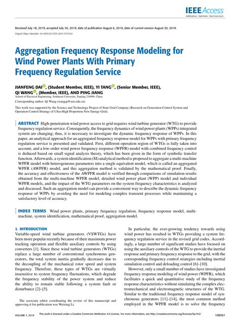 Pdf Aggregation Frequency Response Modeling For Wind Power Plants With Primary Frequency