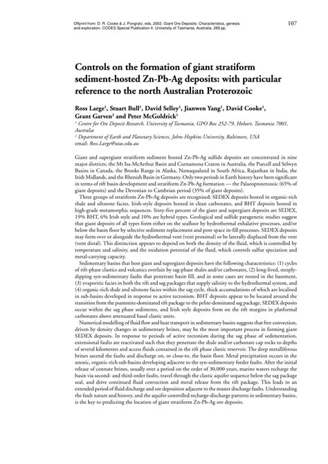 Pdf Controls On The Formation Of Giant Stratiform Sediment Hosted Zn Pb Ag Deposits With