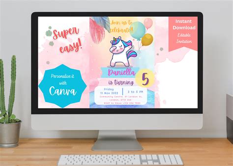 Editable Unicorn Birthday Invitation Unicorn Birthday Invite Unicorn