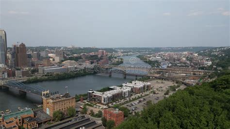 Drone View Of Pittsburgh City From Above Showing Modern Buildings With