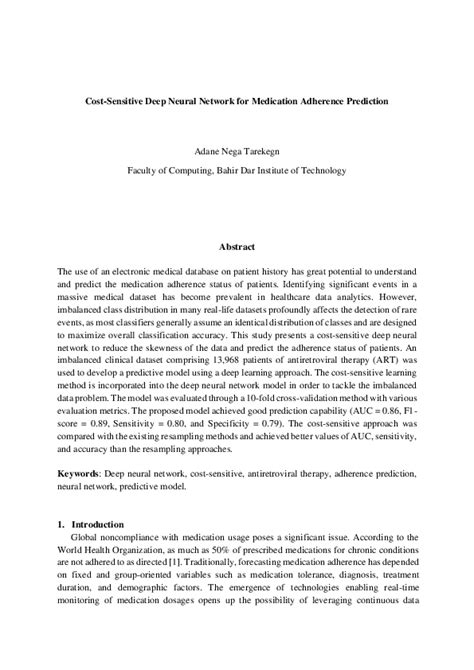Pdf Cost Sensitive Deep Neural Network For Medication Adherence Prediction Adane Nega