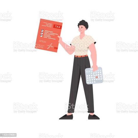 한 남자가 세금 신고서를 손에 들고 자신의 전체 높이에 서 있습니다 격리 프레젠테이션을 위한 요소 가득 찬에 대한 스톡 벡터