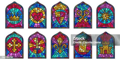 교회 유리창 고딕 벡터 아치 Frame 와 중세 Symbols 빈티지 건축 요소 스테인드 컬러 모자이크 장식 세트 왕관 심장 방패 및 검 성 건축물에 대한 스톡 벡터 아트