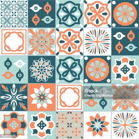 정사각형 세라믹 타일 블루 오렌지 색상 지중해 스타일의 인테리어 디자인 벡터 그림 스페인 문화에 대한 스톡 벡터 아트 및 기타 이미지 스페인 문화 주황색 타일 바닥